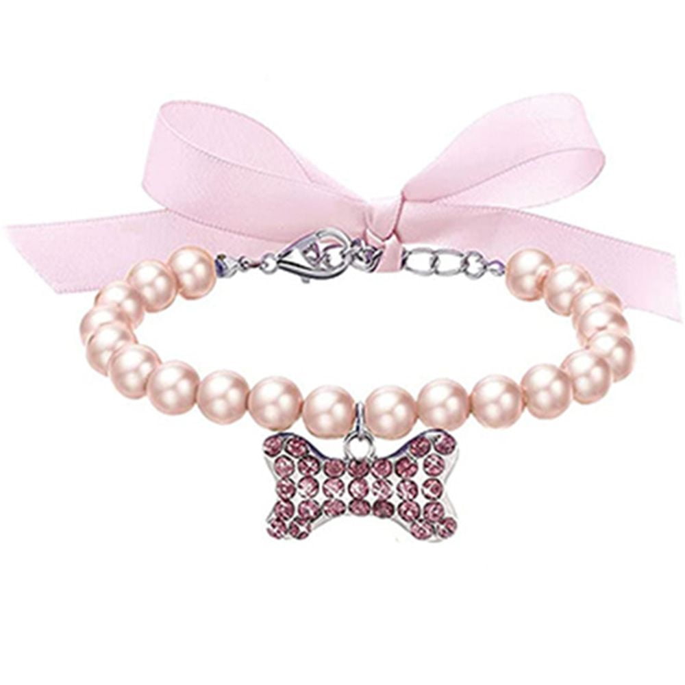 Cute Bow Collar Cat Accessories Diamond Kitten Tie Pet Pearl Necklace ...
