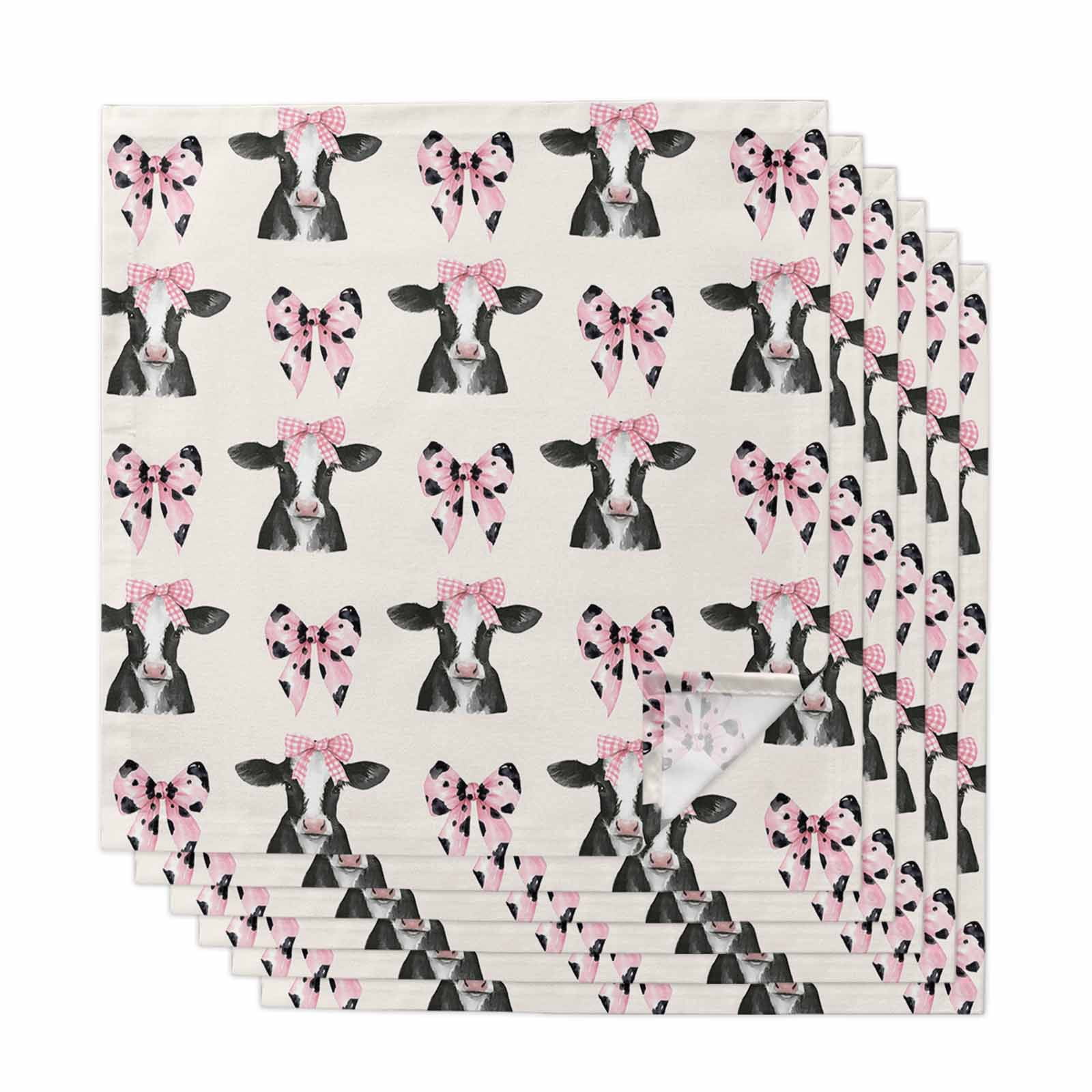 Cute Bow Cow Cloth Napkins, Beige Farmhouse Cute Animals Washable and ...