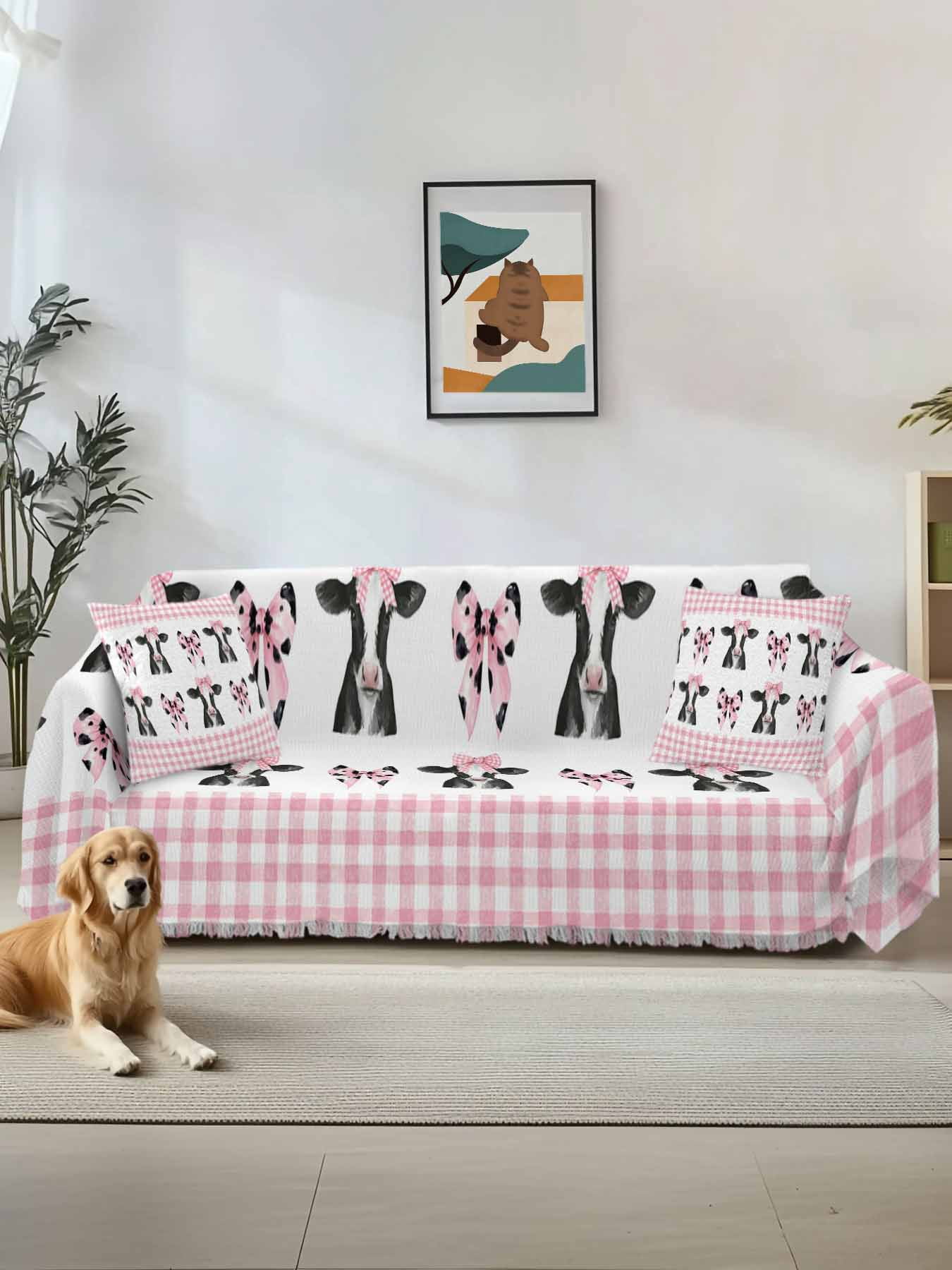 Cute Bow Cow Couch Cover, Farmhouse Cute Animals Pink Buffalo Checkered ...