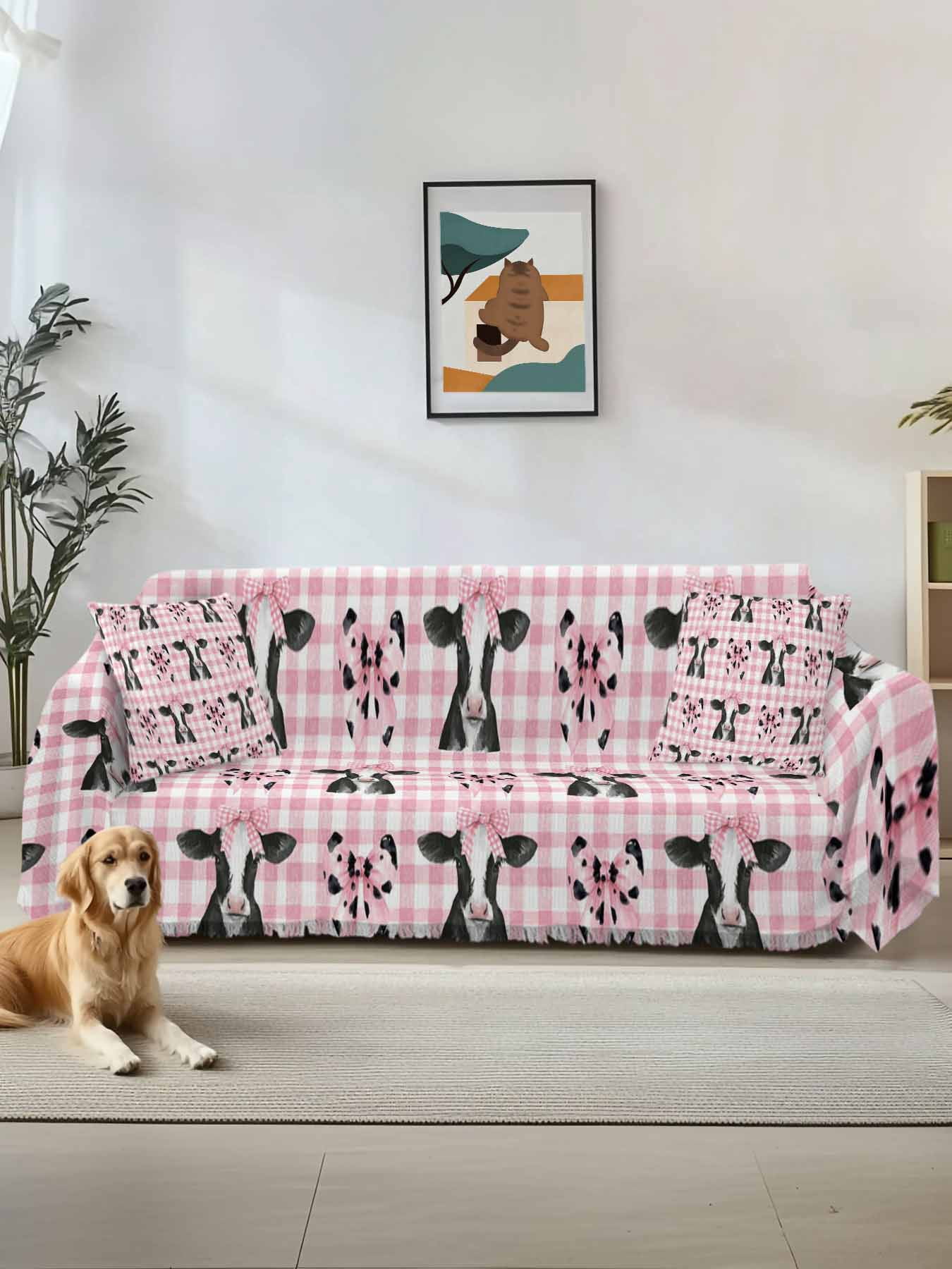 Cute Bow Cow Couch Cover, Pink Buffalo Plaid Farmhouse Cute Animals ...
