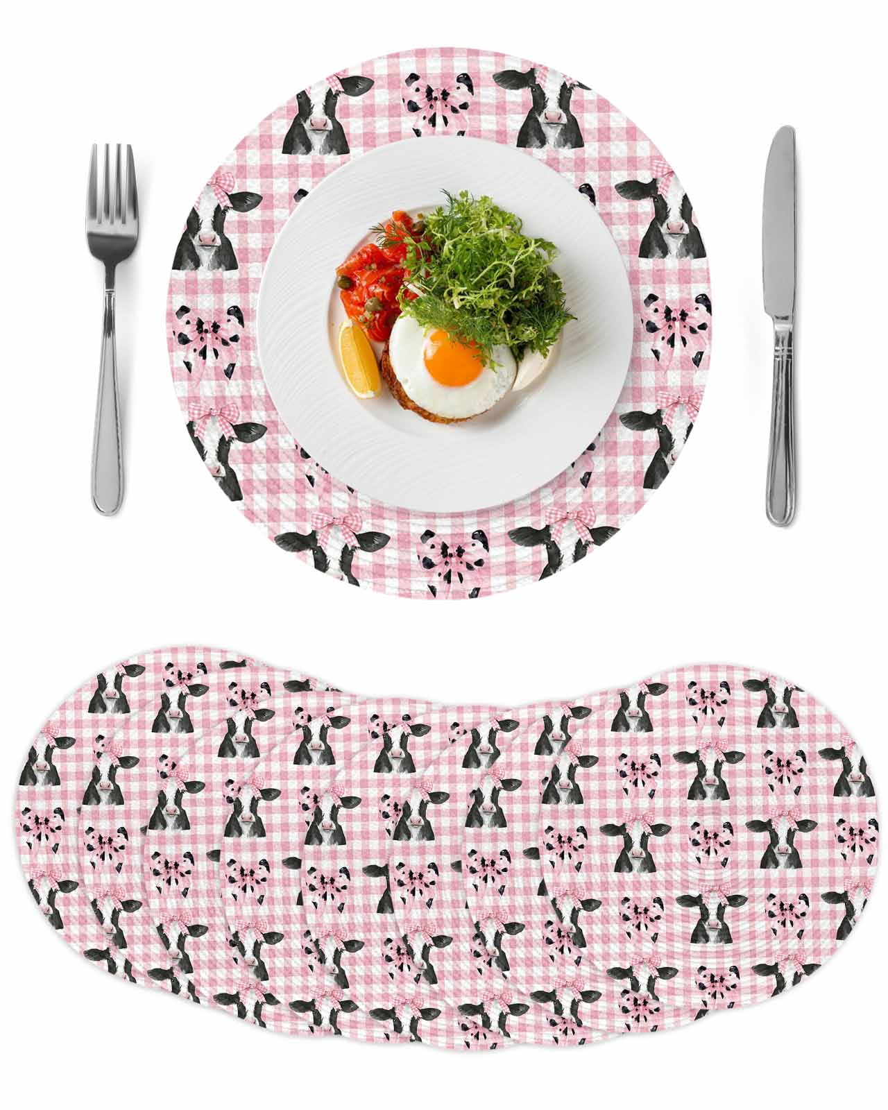 Cute Bow Cow Round 13 Inch Placemats Set of 8, Pink Buffalo Plaid ...