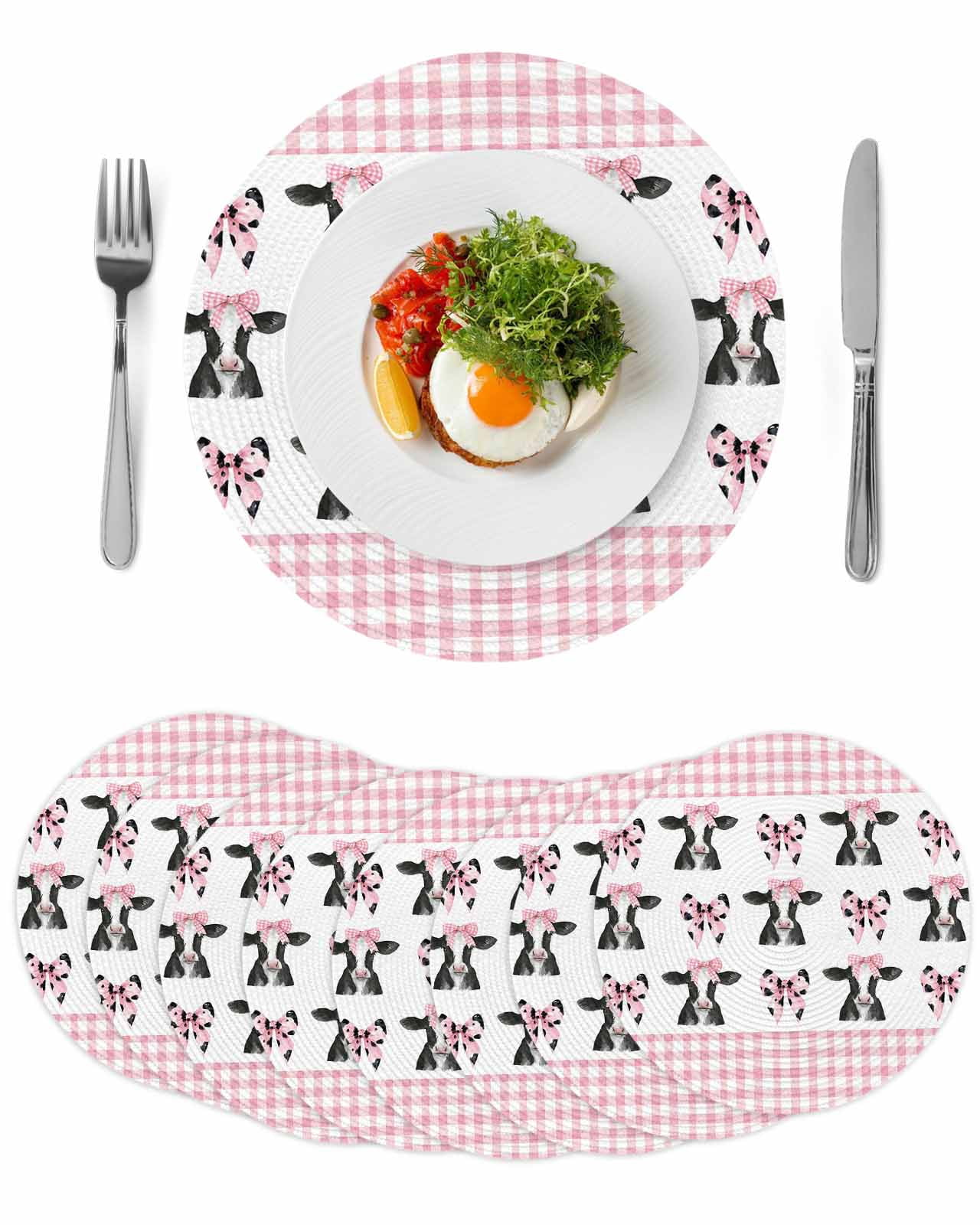 Cute Bow Cow Round 15 Inch Placemats Set of 8, Farmhouse Cute Animals ...