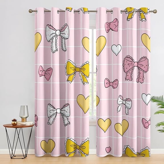 Cute Bow Curtains for Living Room, Heart Pink Gingham Girls Pattern ...
