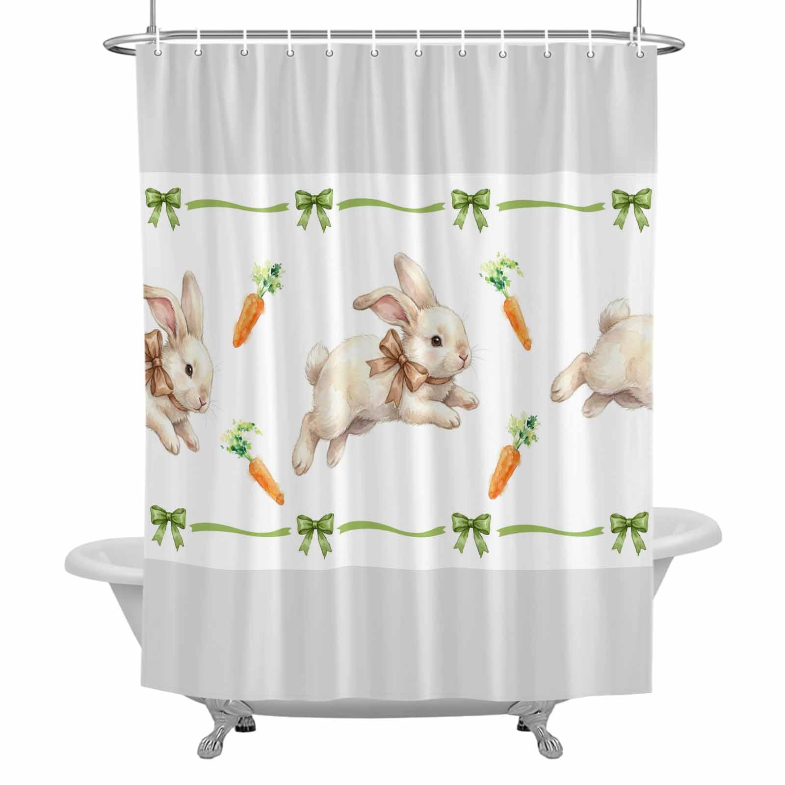Cute Bow Easter Rabbits Shower Curtain Set with Hooks, Carrots Green ...