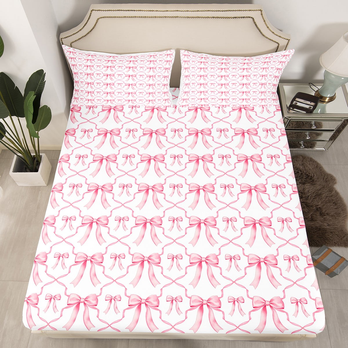 Cute Bow Fitted Sheet Pink Kawaii Bowknot Full Bedding Set Watercolor ...