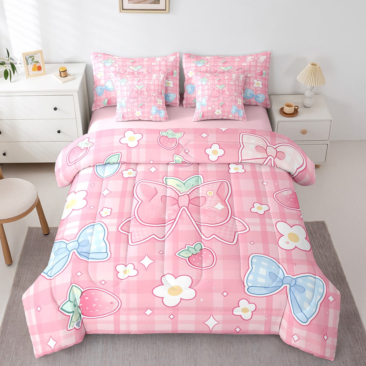 Cute Bow Knot Bedding Set Full Size 7 Piece, Kawaii Strawberry Bed in a ...