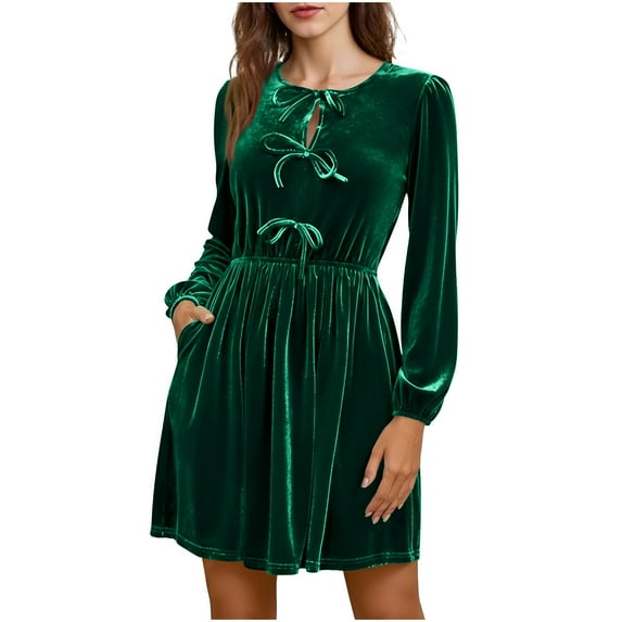 Cute Bow Tie Front Velvet Dress for Women Spring Long Sleeve Crew Neck ...