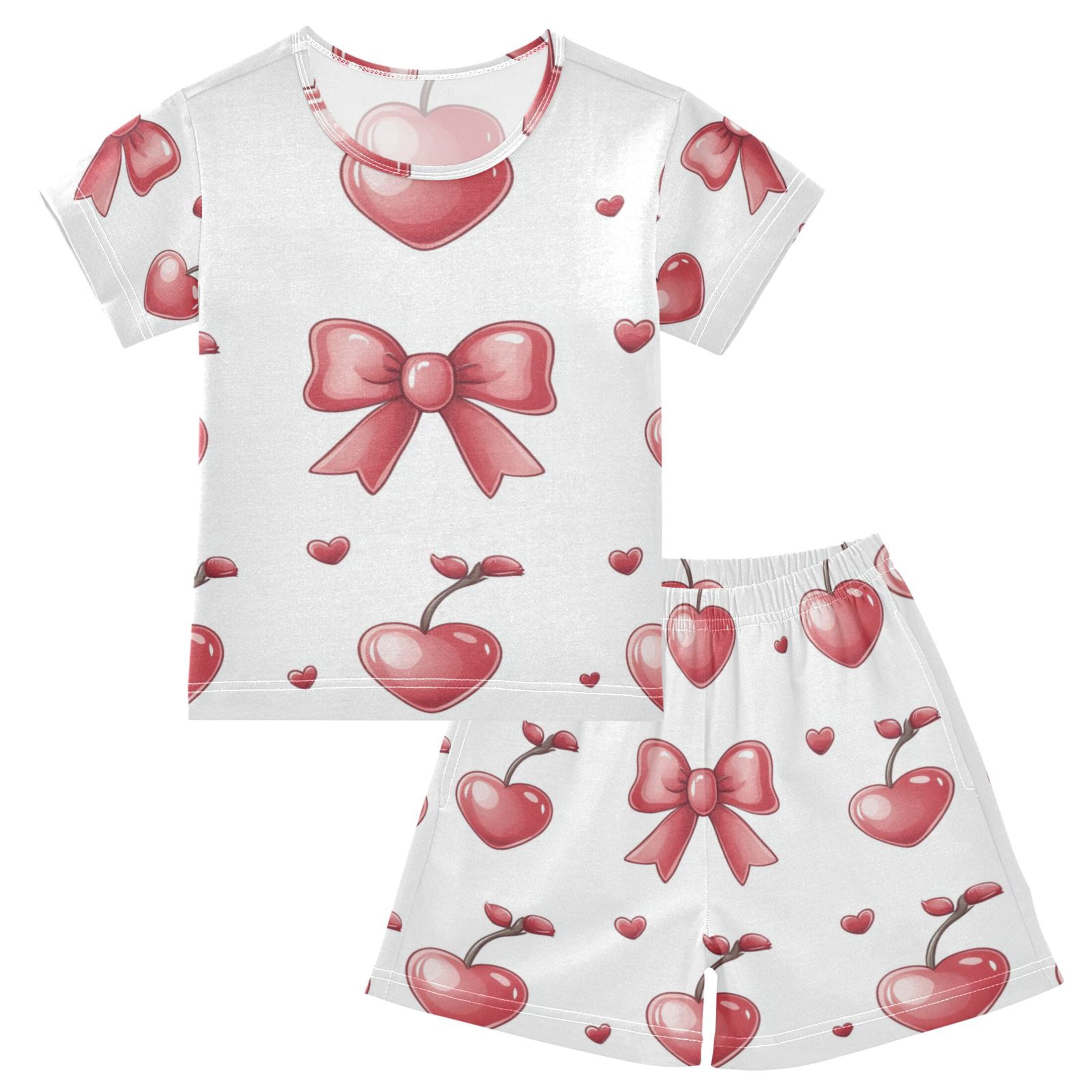 Cute Bow and Hearts Cherries Pajamas Set Short Sleeves Sleepwear Top ...