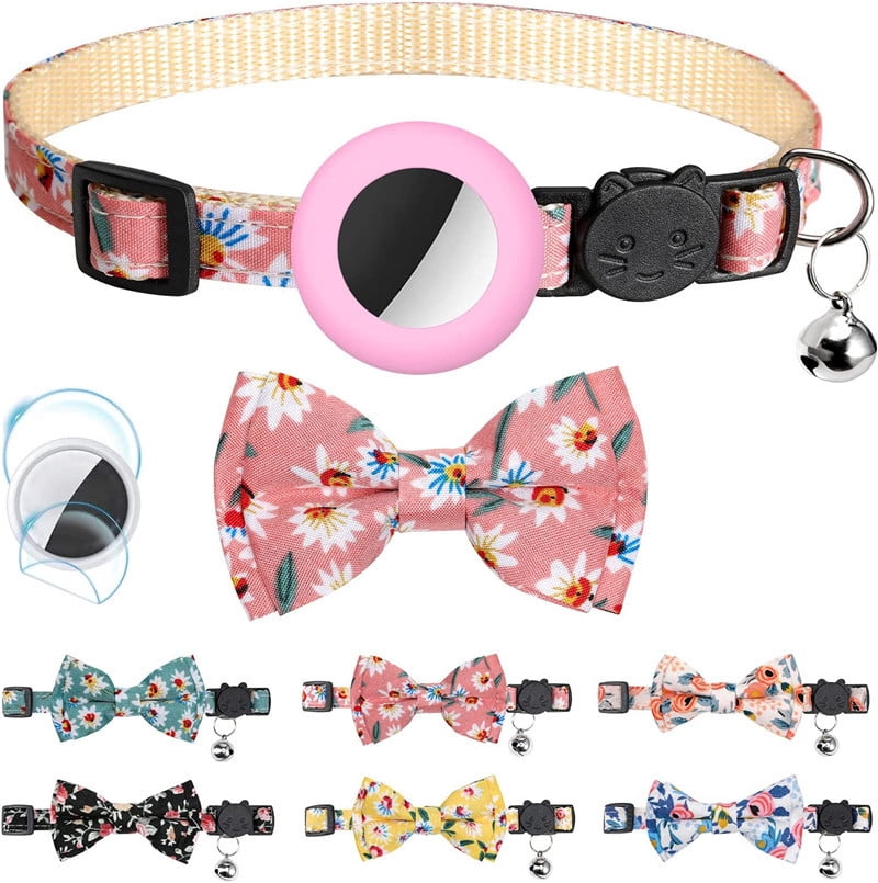 Cute Bowtie Cat Dog Collar with AirTag Case & Bell, Adjustable ...