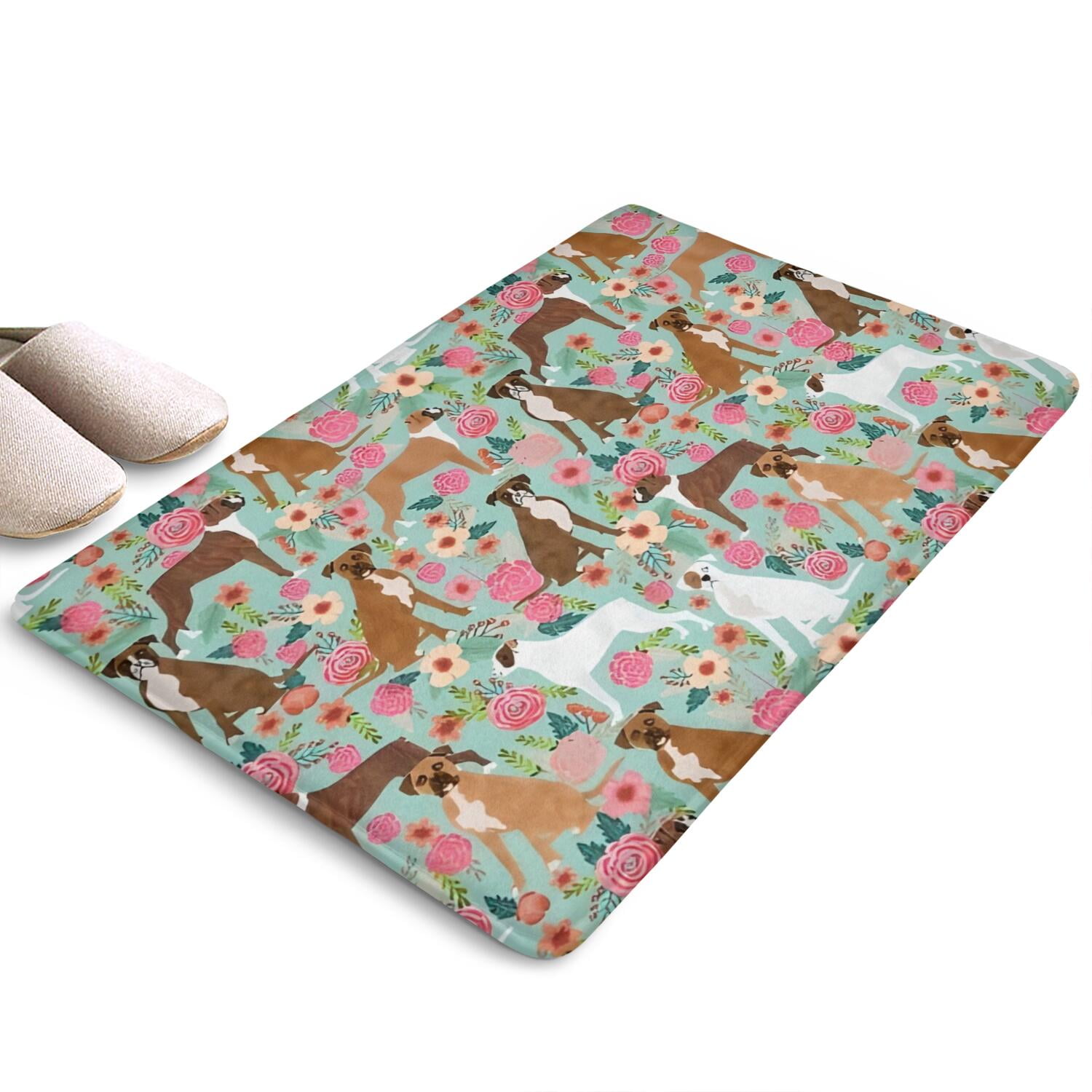 Cute Boxer Dog and Flowers Florals Flannel Non Slip Door Rugs,Washable ...