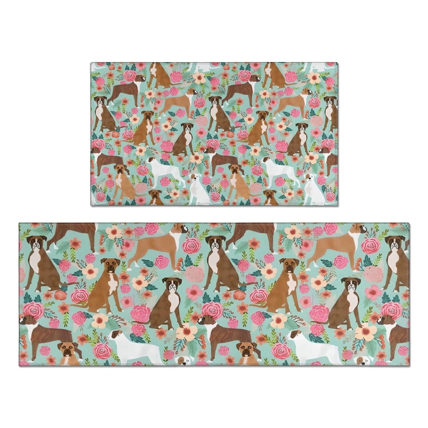 Cute Boxer Dog and Flowers Florals Kitchen Rugs Sets Of 2,Anti Fatigue ...