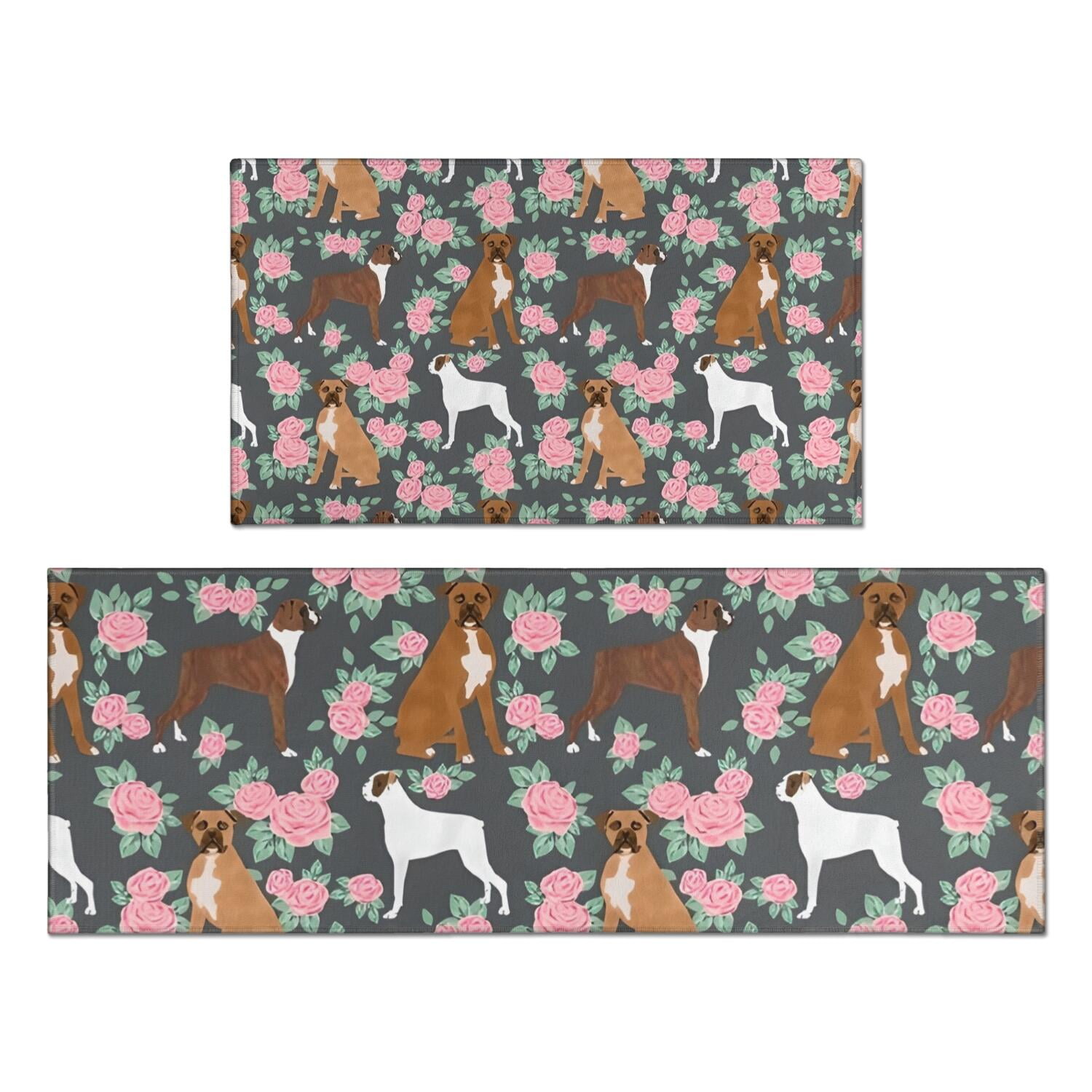 Cute Boxer Dog and Flowers Florals Kitchen Rugs Sets Of 2,Anti Fatigue ...