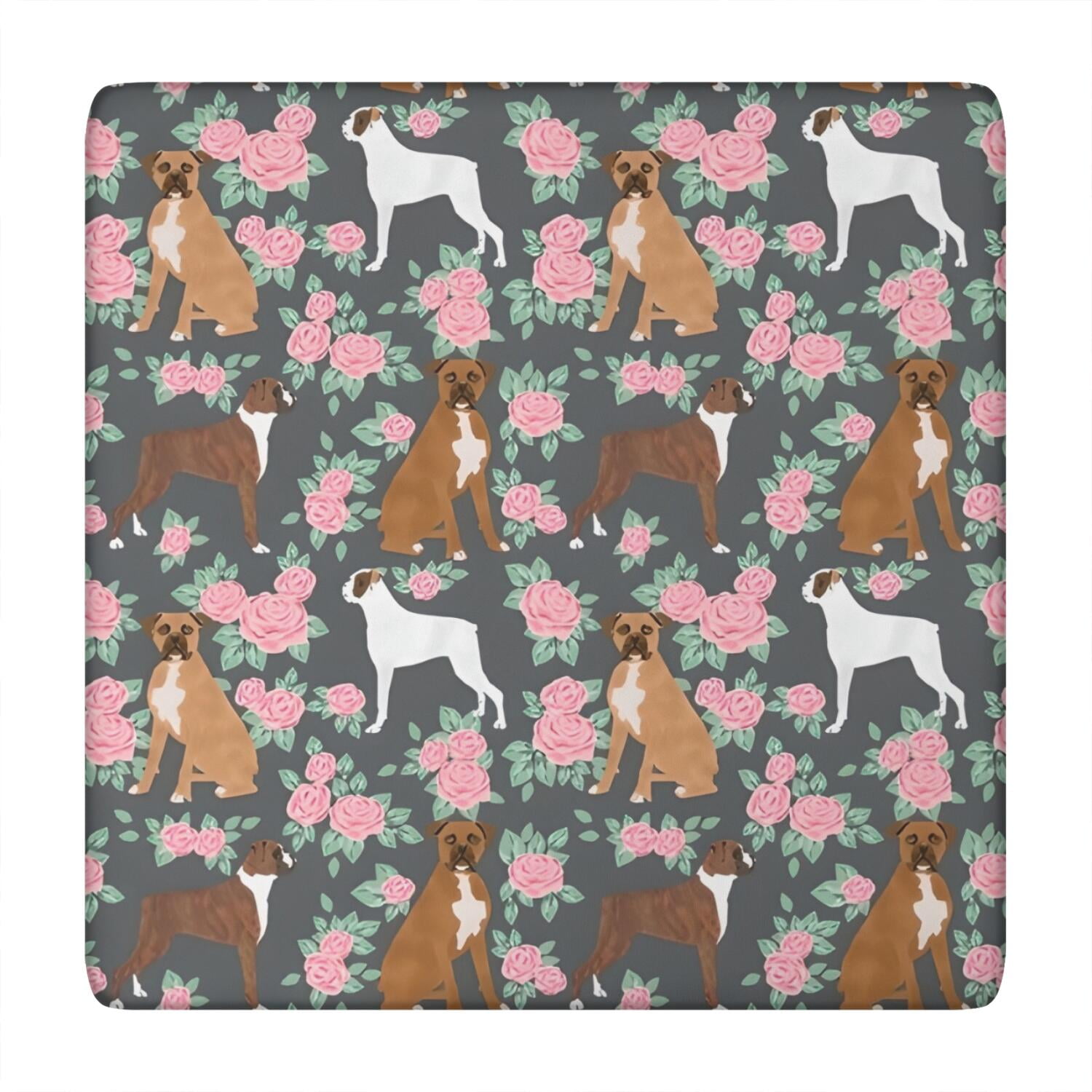 Cute Boxer Dog and Flowers Florals Square Fitted Tablecloth with ...