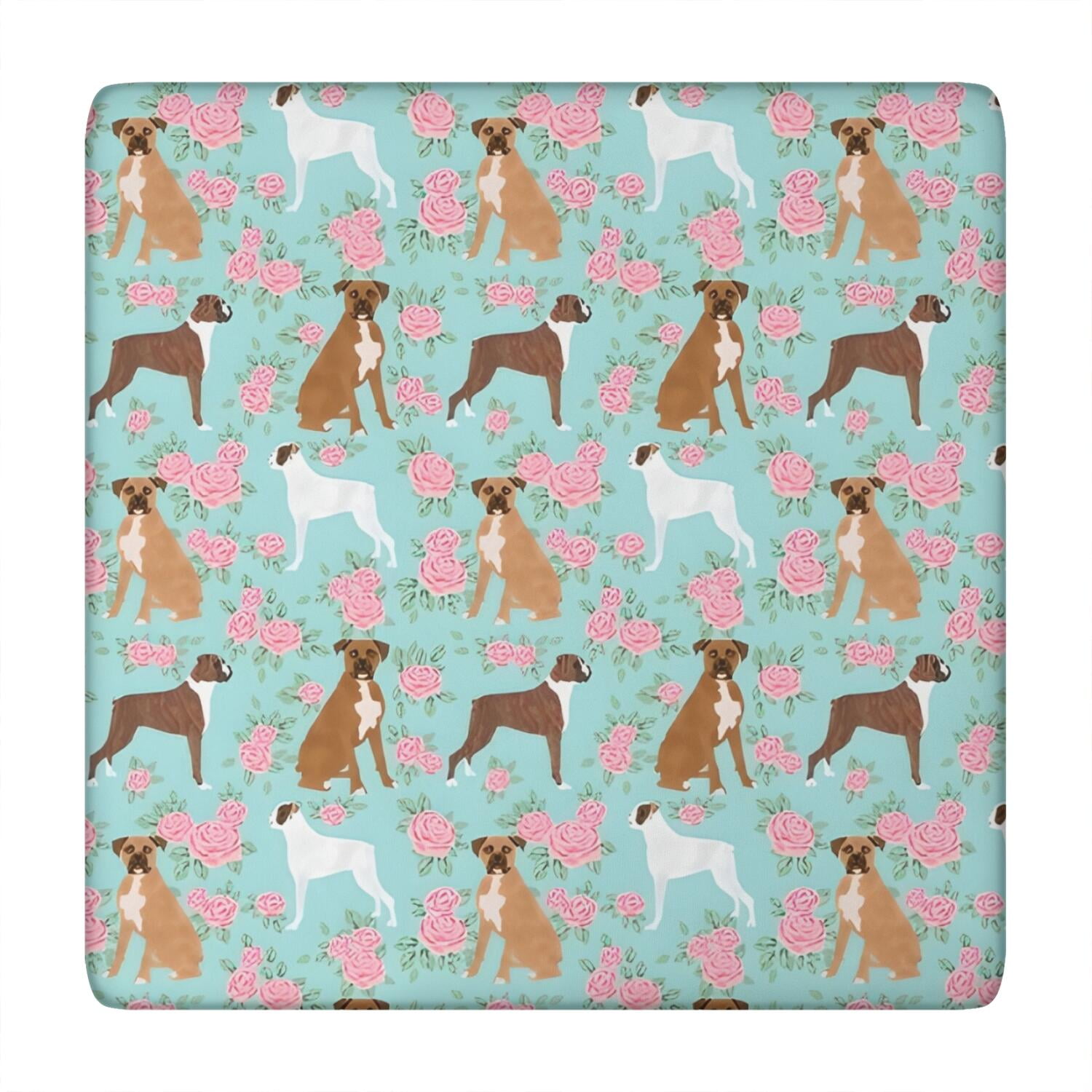 Cute Boxer Dog and Flowers Florals Square Fitted Tablecloth with ...