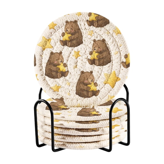Cute Brown Bears Hold Yellow Stars Drinking Coasters Cup Mat with ...