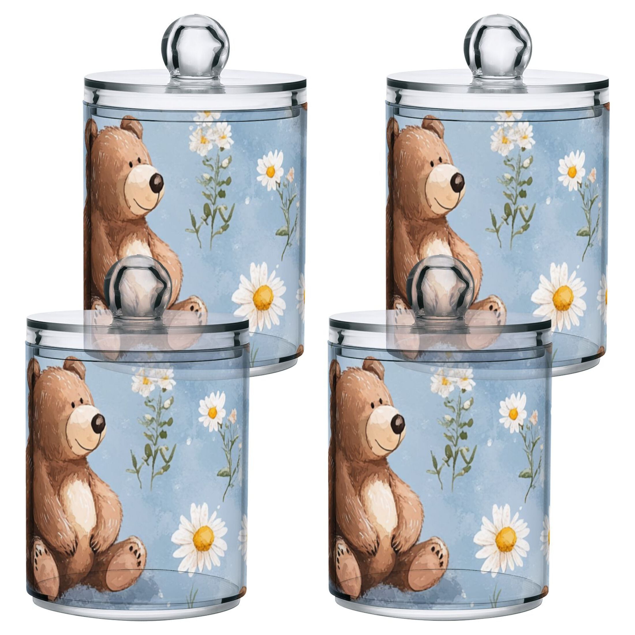 Cute Brown Bears White Daisies Leaves Translucent Plastic Cans Storage ...