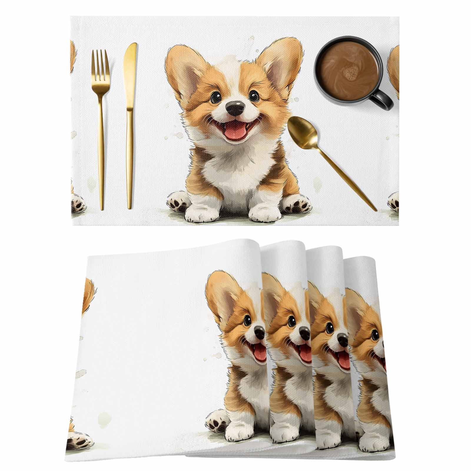 Cute Brown Puppy Placemats Set of 6 Modern Dog Cartoon Watercolor Place ...