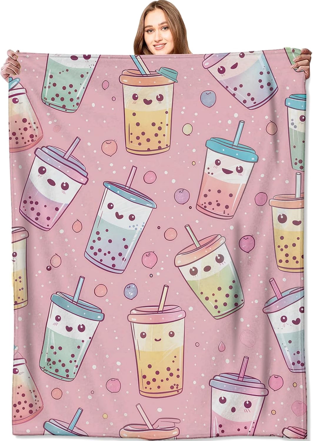 Cute Bubble Tea Blanket Colorful Bobas Drink Pink Blankets,Birthday ...