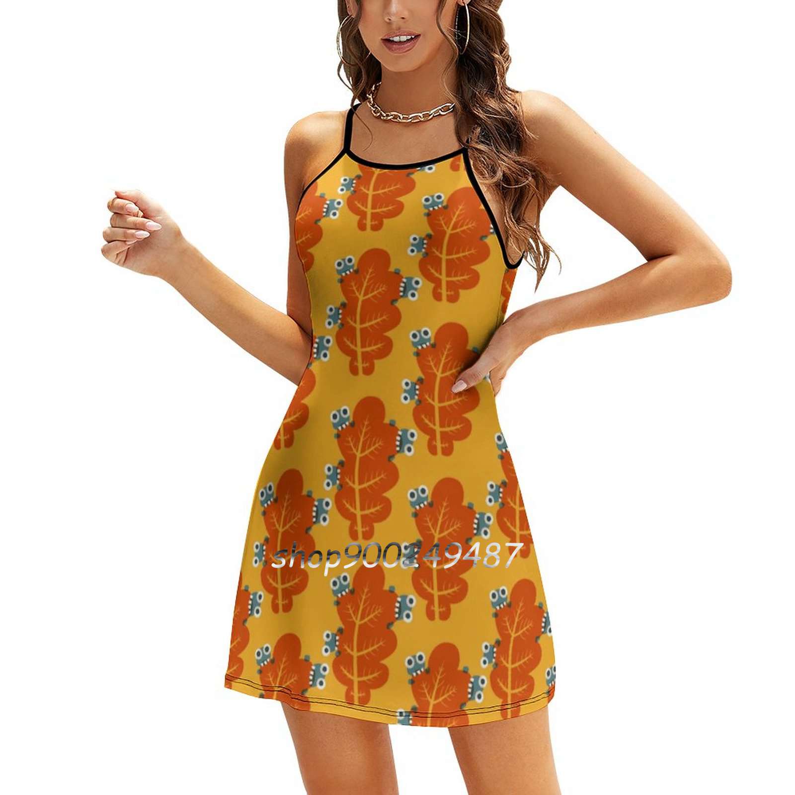 Cute Bugs Eating Autumn Leaves Sweet Elegant Dress Women Korean Kawaii ...
