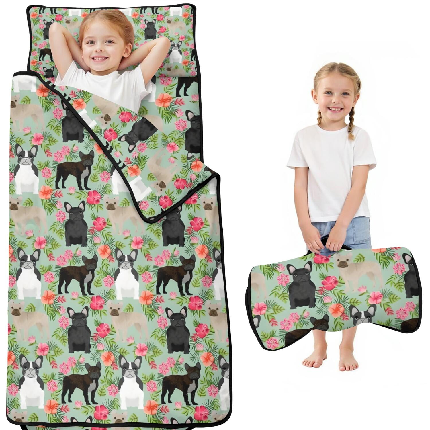 Cute Bulldog Dog and Flower Florals Toddler Nap Mats for Kids Preschool ...