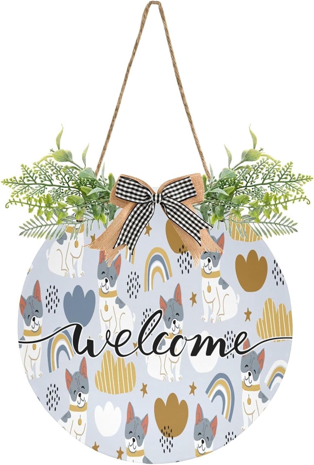 Cute Bulldog Dogs Welcome Sign Farmhouse Front Porch Door Hanging ...