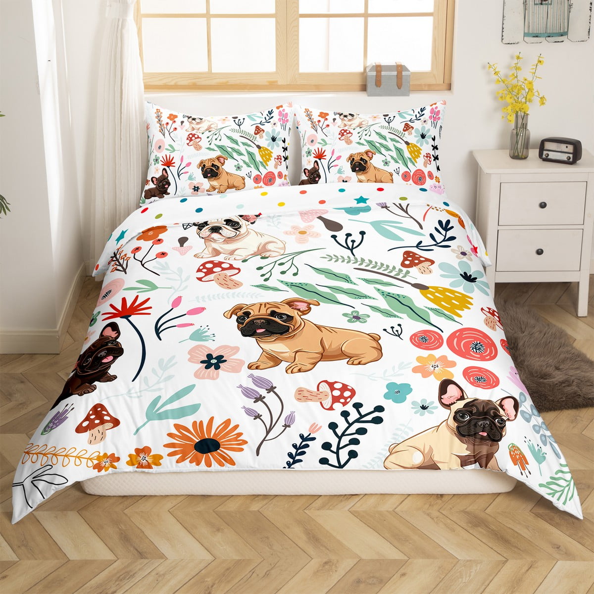 Cute Bulldog Duvet Cover Mushroom Floral Queen Bedding Sets for Girls ...