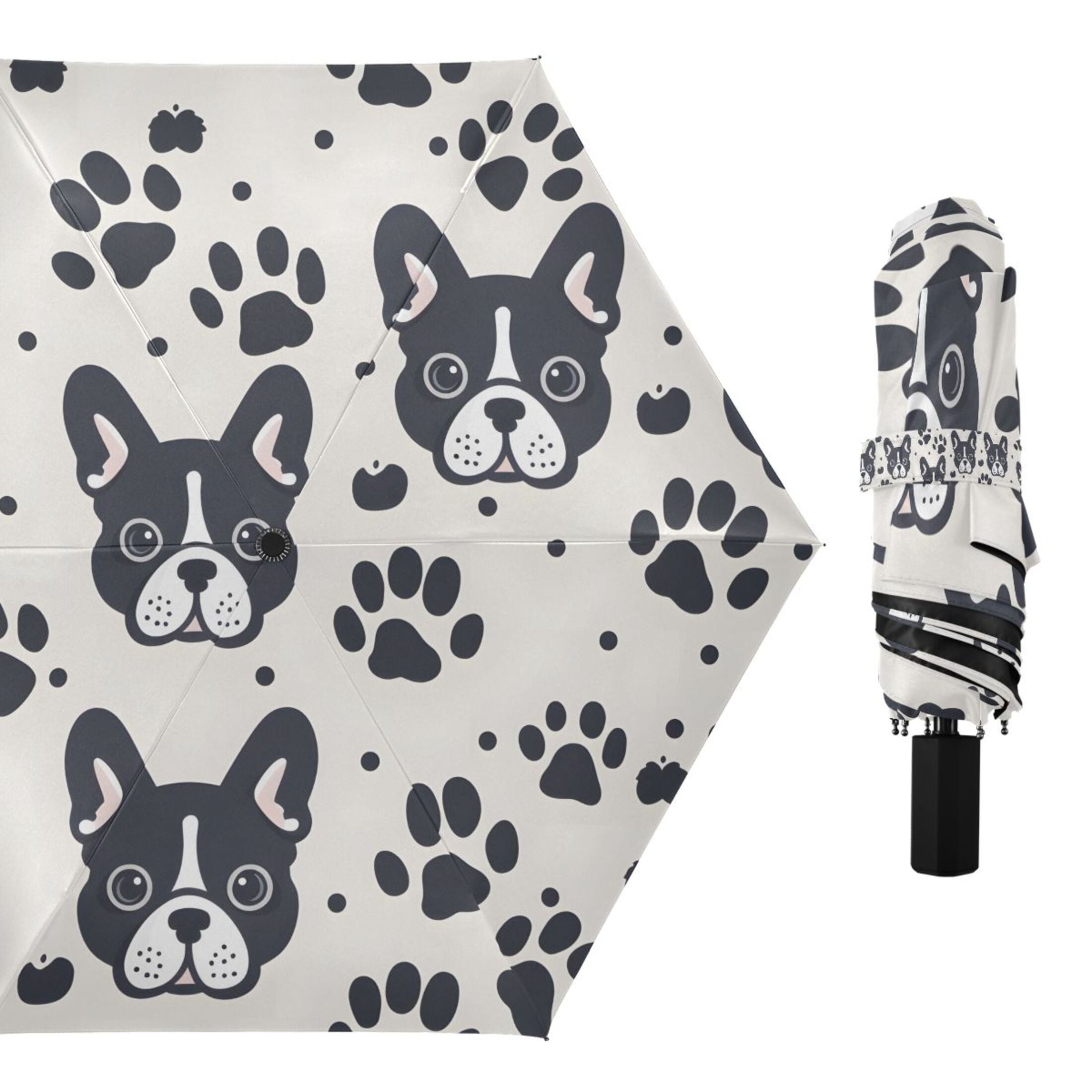 Cute Bulldog Faces and Pawprints Compact Sun Umbrella Windproof Travel ...