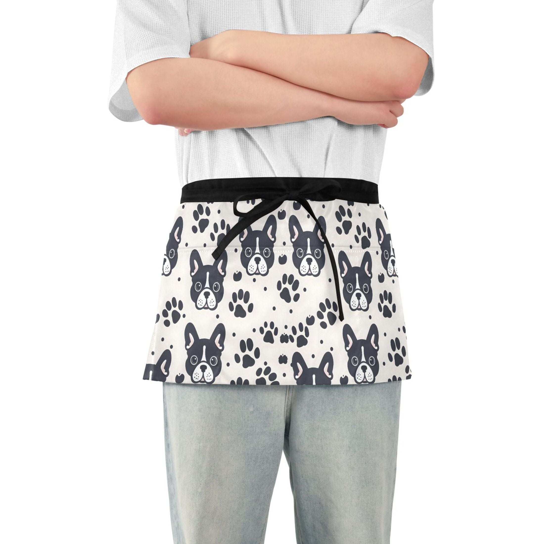 Cute Bulldog Faces and Pawprints Server Apron with 3 Pockets Waterproof ...