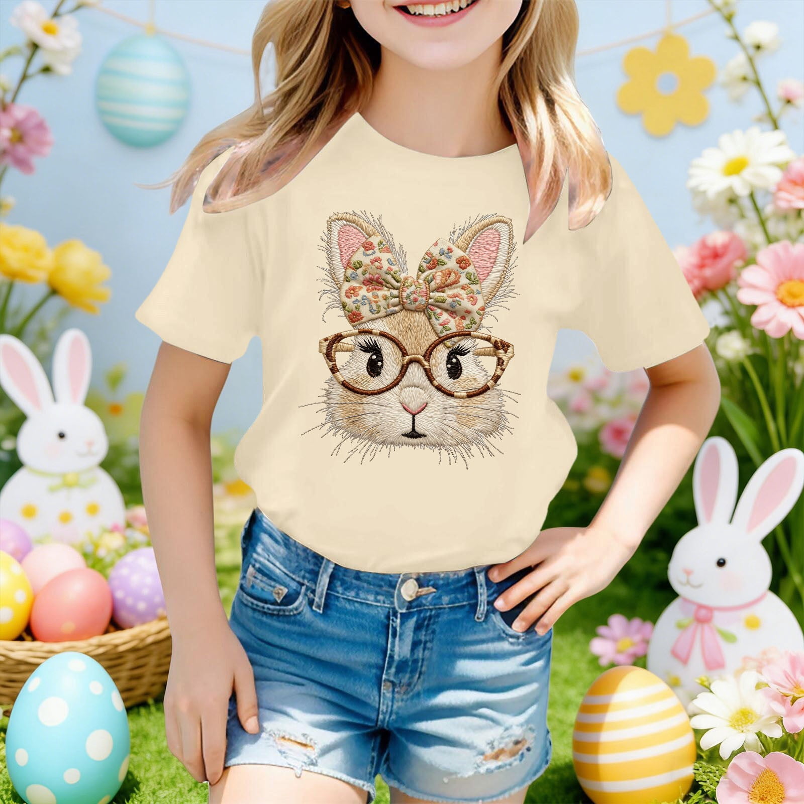 Cute Bunny Bow Print Summer Short Sleeve T Shirt Casual Top For Girls ...