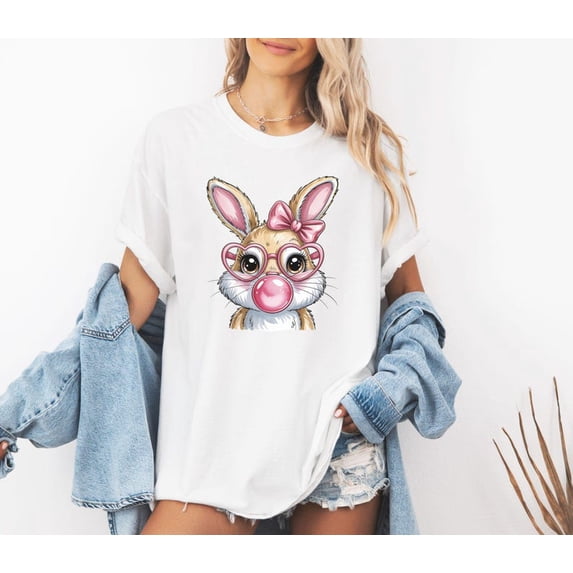 Cute Bunny Bubble Gum Shirt For Women Kawaii Rabbit Pink Glasses Tee ...