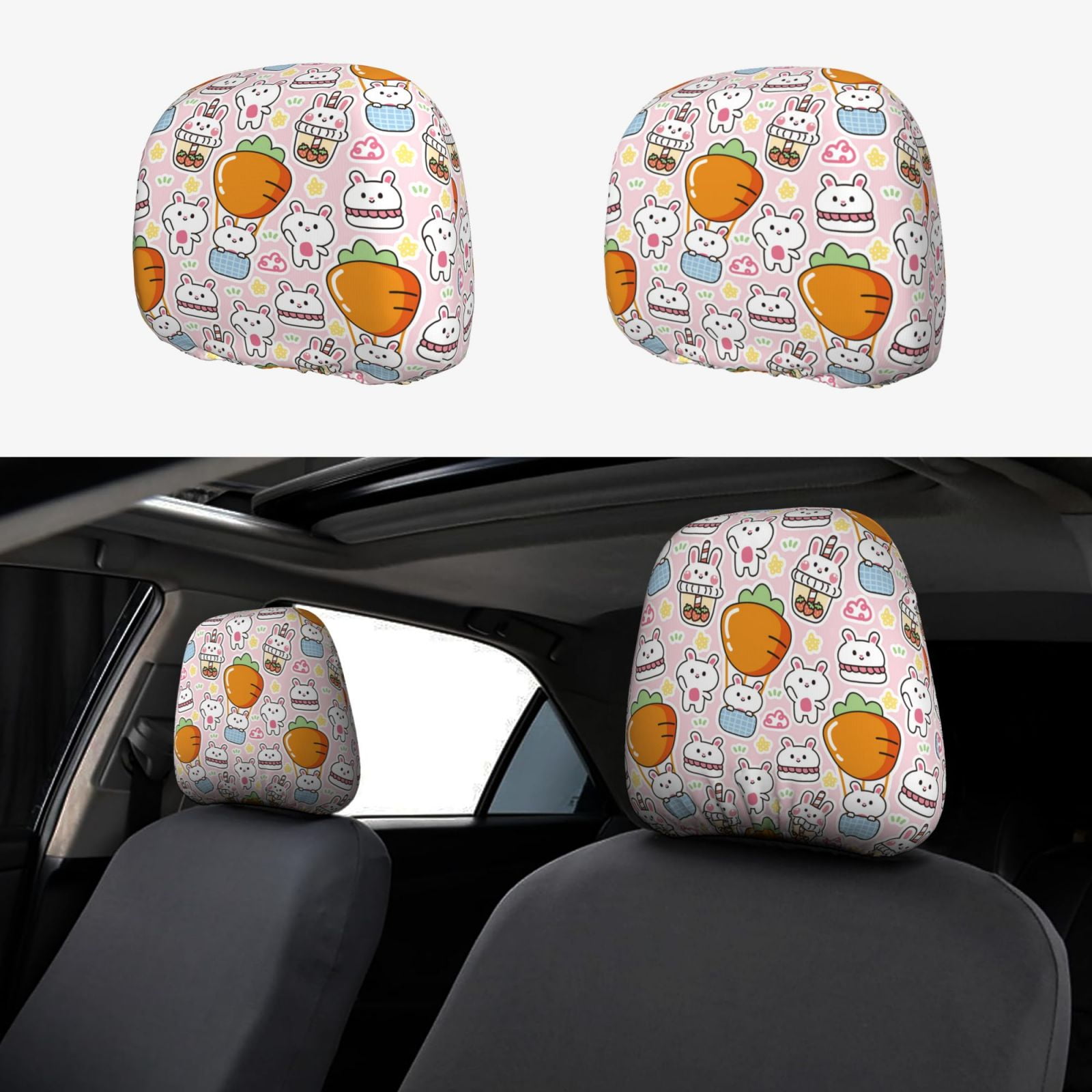 Cute Bunny Carrot Bottle Pink Headrest Cover for Cars, 2Pack Car ...
