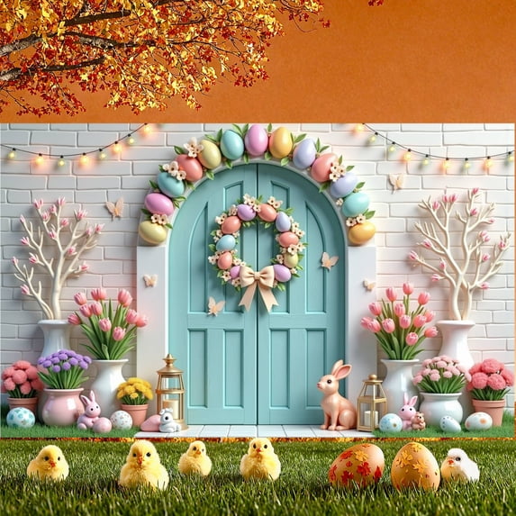 Cute Bunny Easter Banner Colorful Easter Eggs Spring Backdrop Spring Floral Garden Rabbit ...