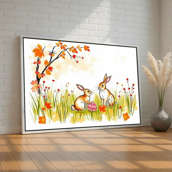 Cute Bunny Easter Poster Two Rabbits With Egg In Spring Meadow Canvas ...