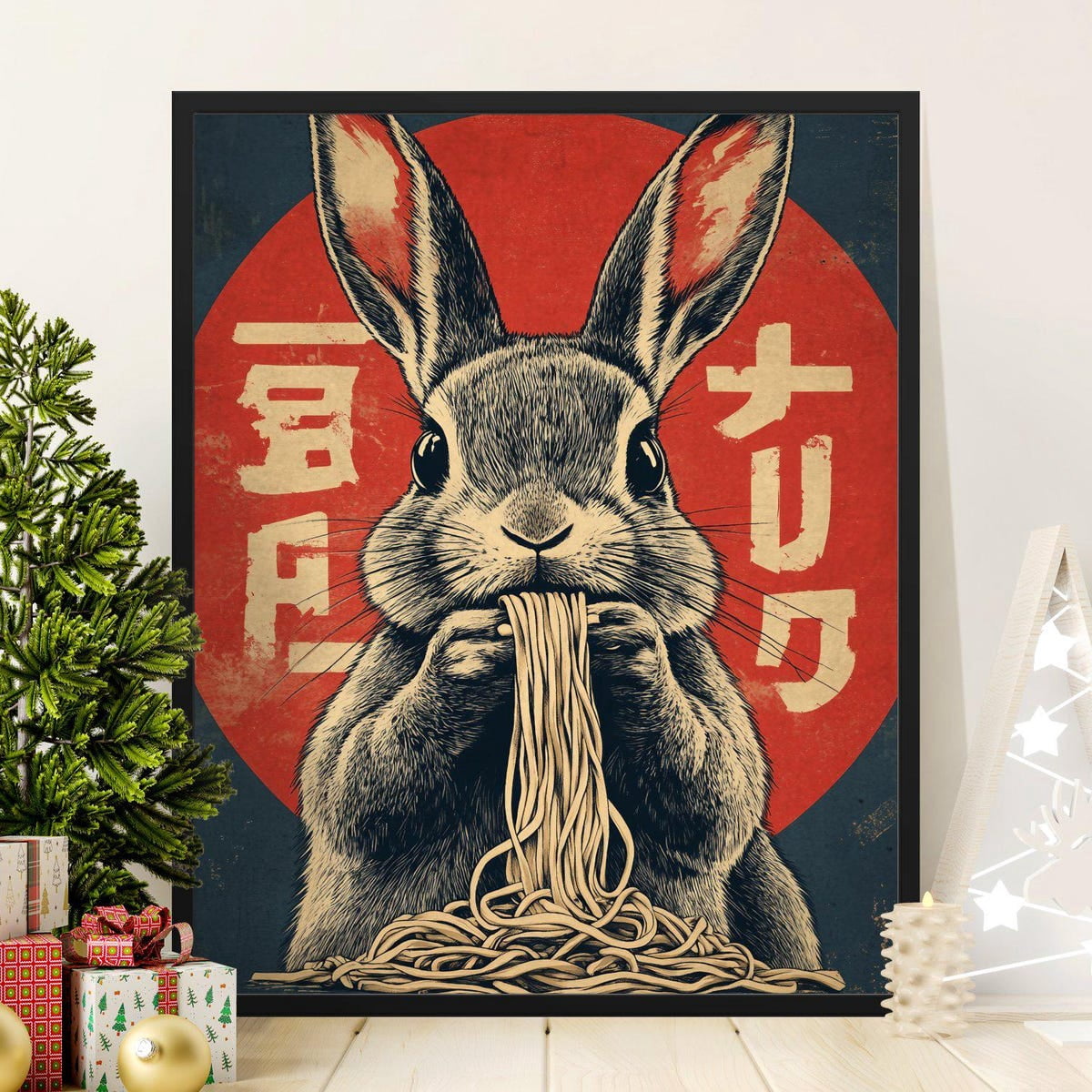 Cute Bunny Eating Noodles Poster, Ramen Rabbit Wall Art Print, Japanese ...