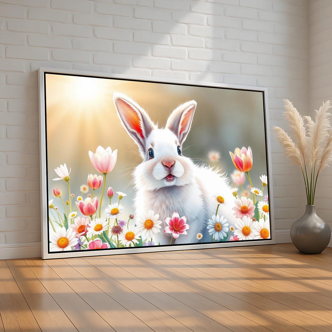 Cute Bunny Poster Happy Spring Rabbit With Flowers Canvas Print Nursery ...