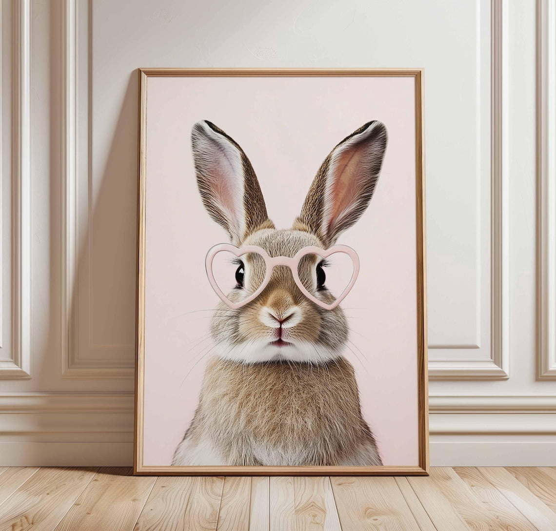 Cute Bunny Poster Heart Glasses Pink Nursery Animal Wall Art Decor ...