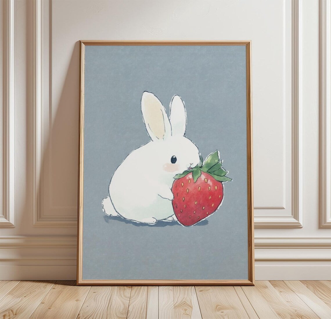 Cute Bunny Strawberry Poster Kawaii Animal Illustration Nursery Art ...