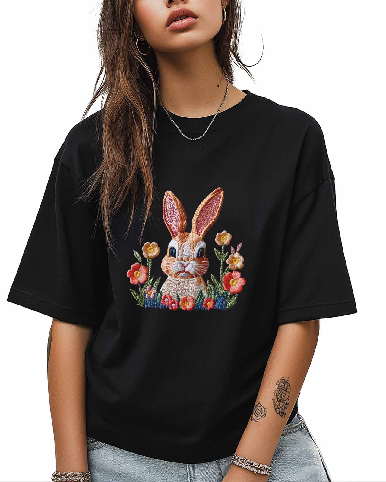 Cute Bunny T Shirts for Women Short Sleeve Cotton Crewneck T-Shirt ...