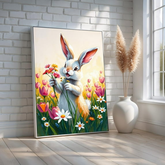 Cute Bunny Wall Art Spring Rabbit Canvas With Flowers Easter Nursery ...