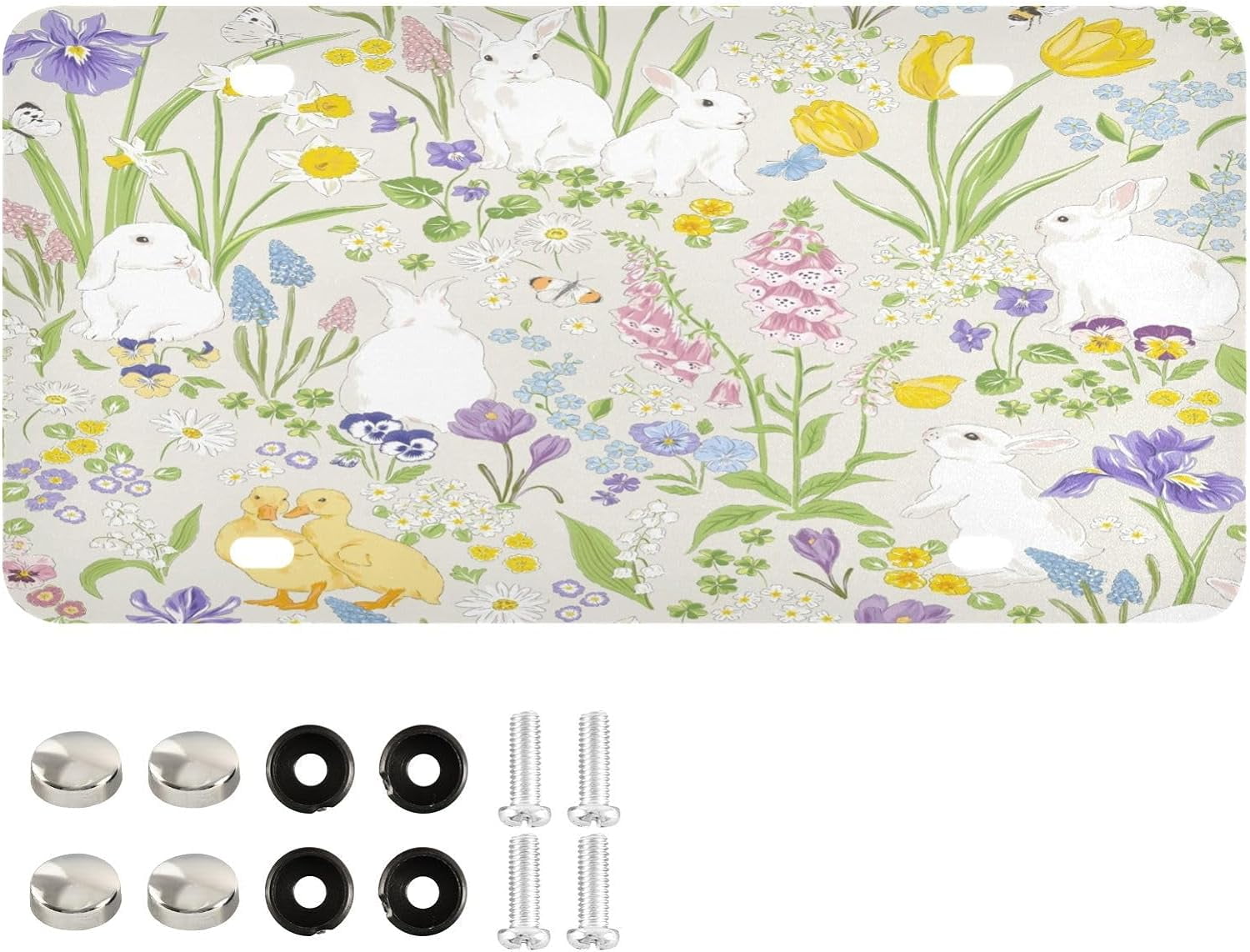 Cute Bunny and Floral License Plates Front License Plate Covers Metal ...