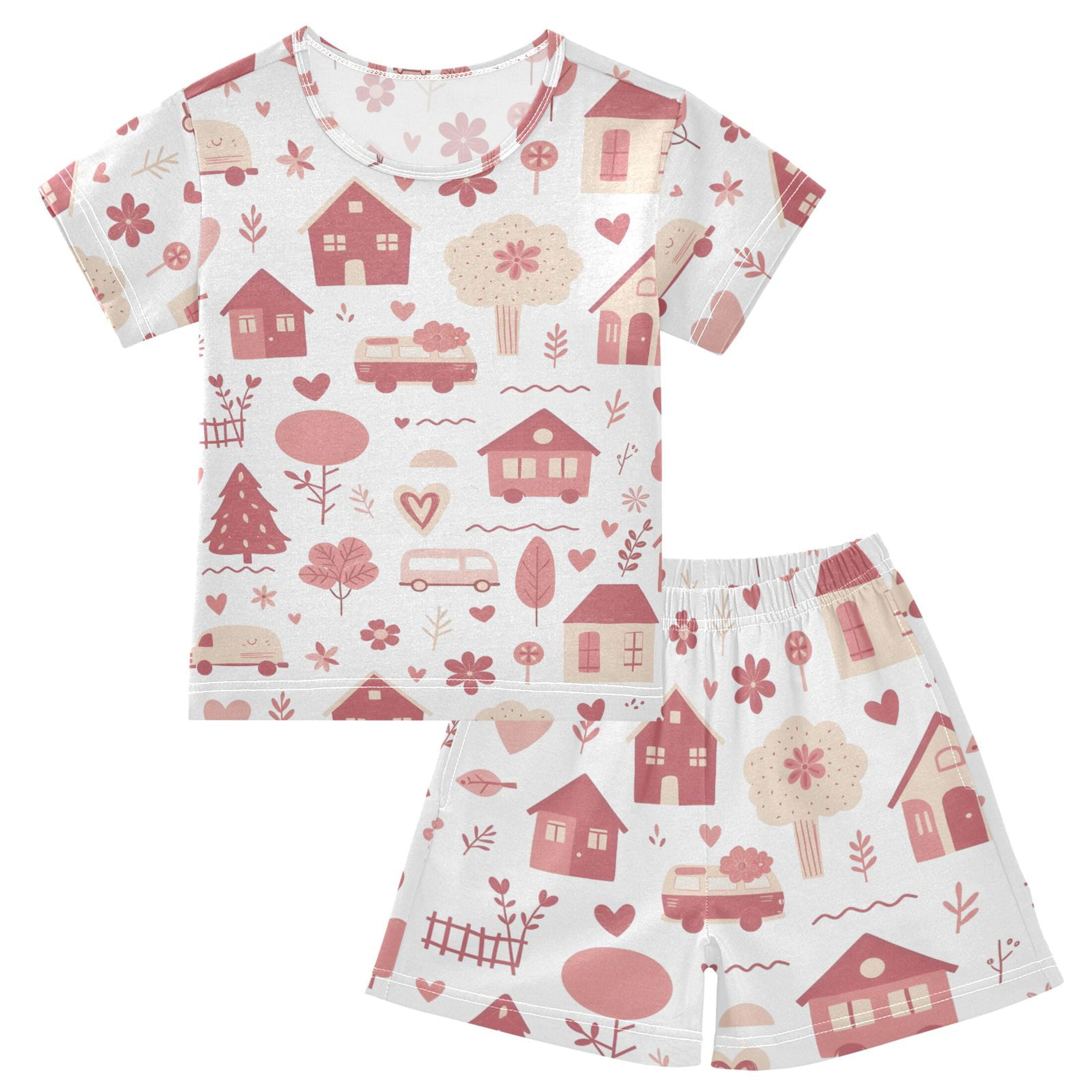 Cute Bus and House Summer Pajama Set Soft Cotton Short Sleeve Sleepwear ...