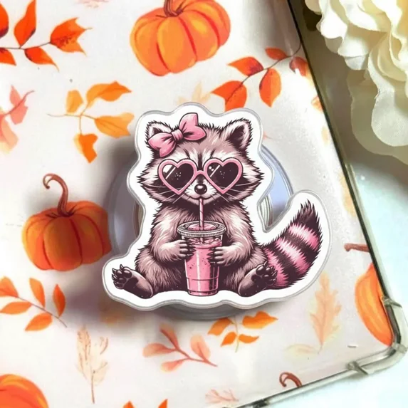 Cute But Feral Raccoon With Bow Phone Grip, Funny Retro Animal ...