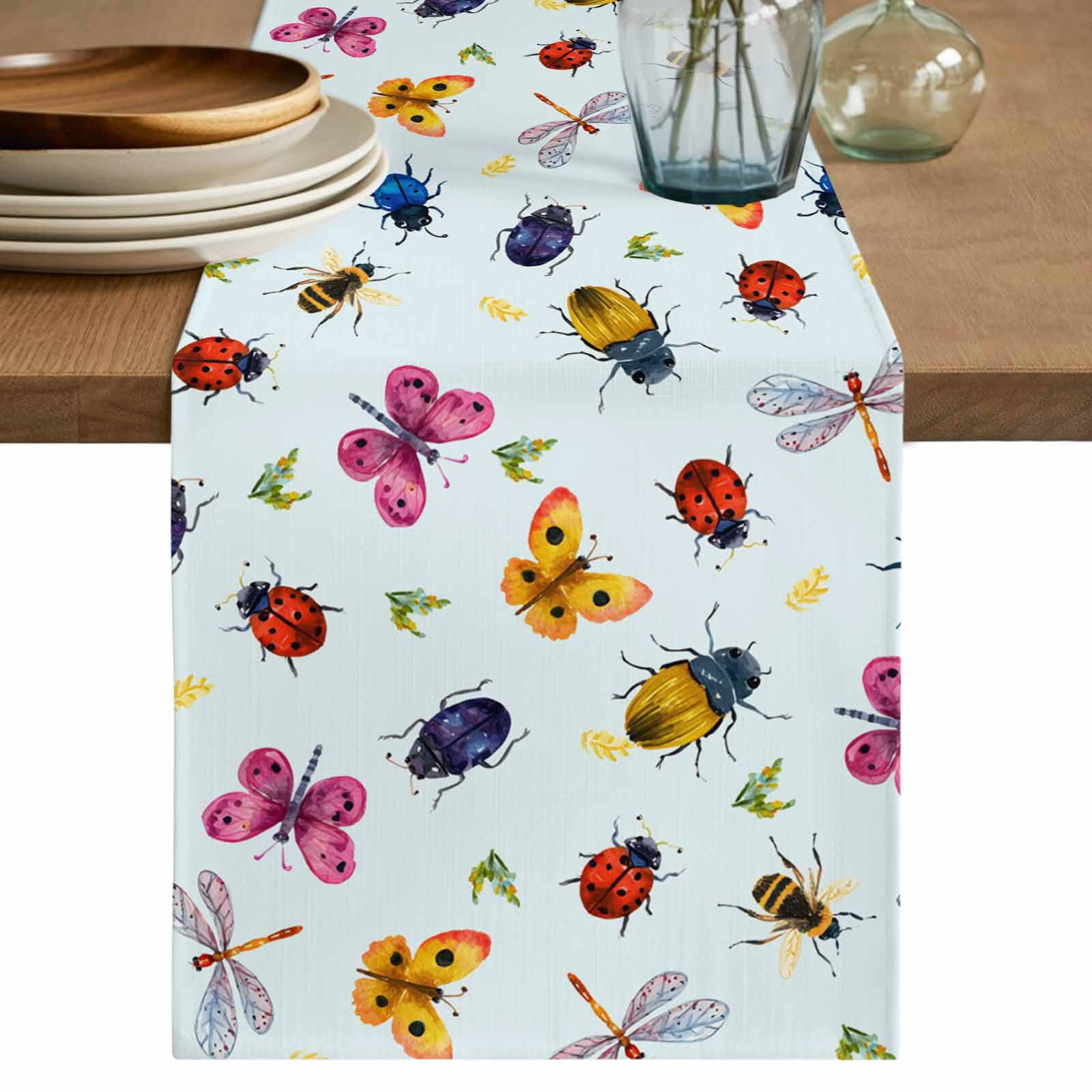 Cute Butterfly Dragonfly Table Runner 108 Inches, Farmhouse Botanical ...