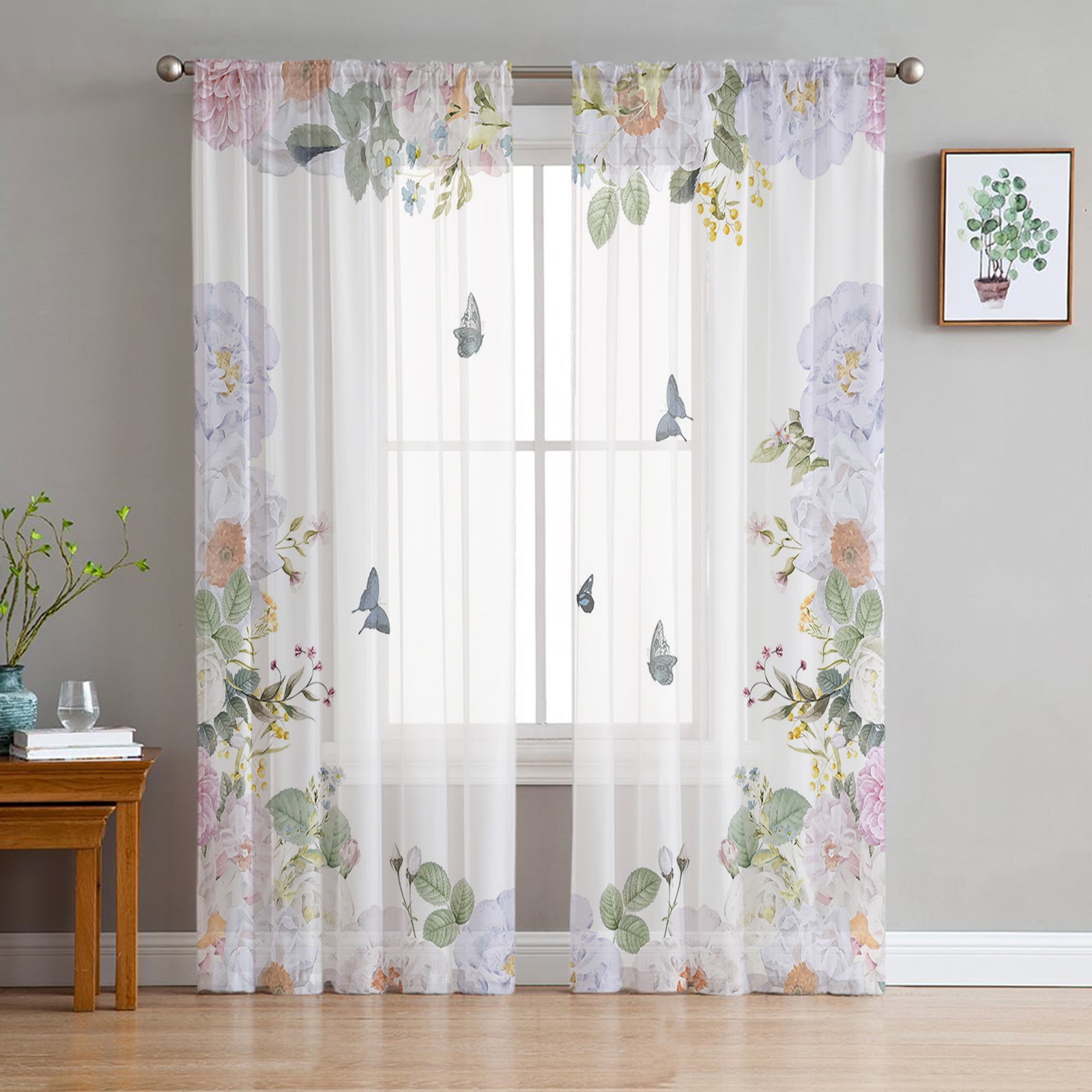 Cute Butterfly Flying Over Almond Blossom Chiffon Sheer Curtains for ...