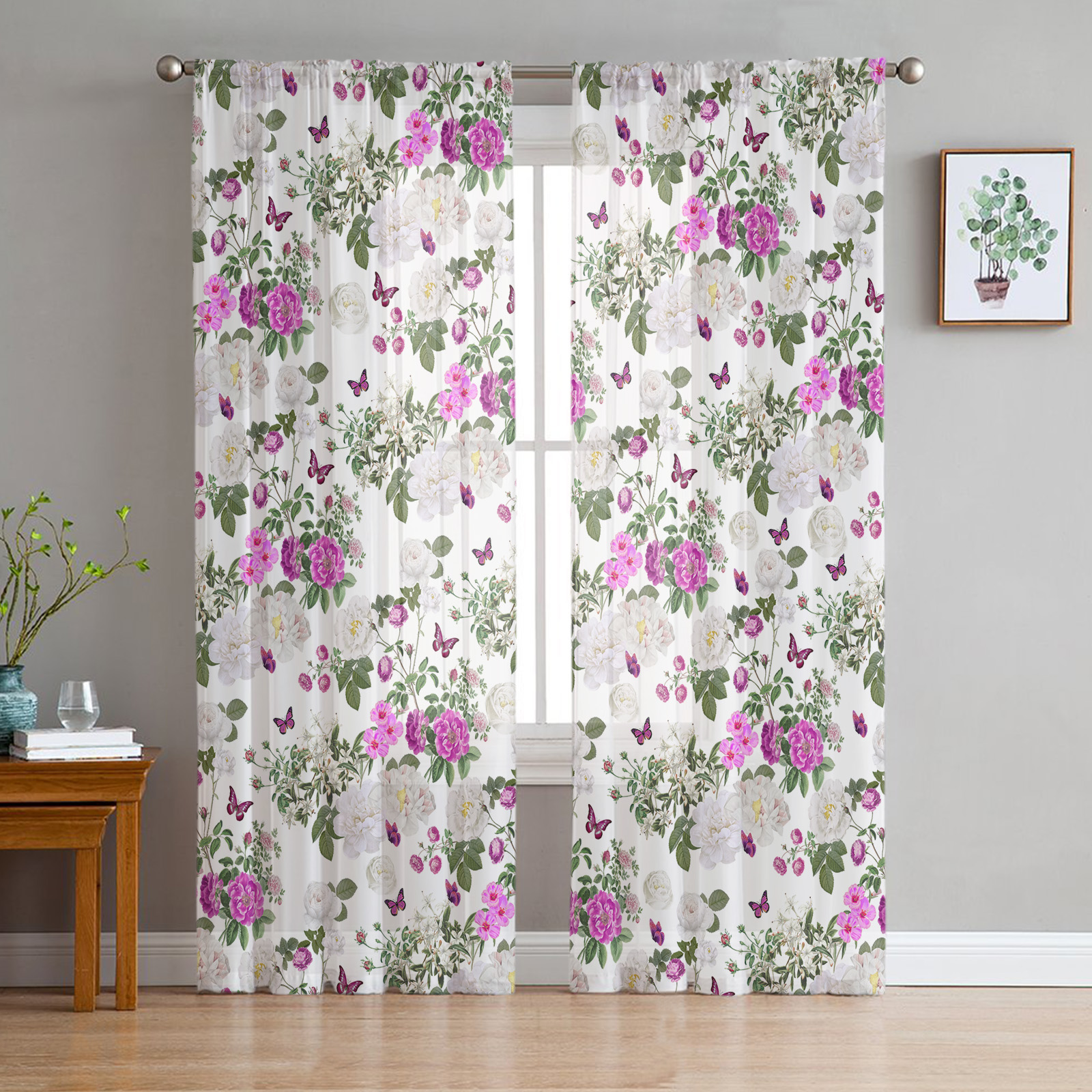 Cute Butterfly Flying Over Almond Blossom Chiffon Sheer Curtains for ...