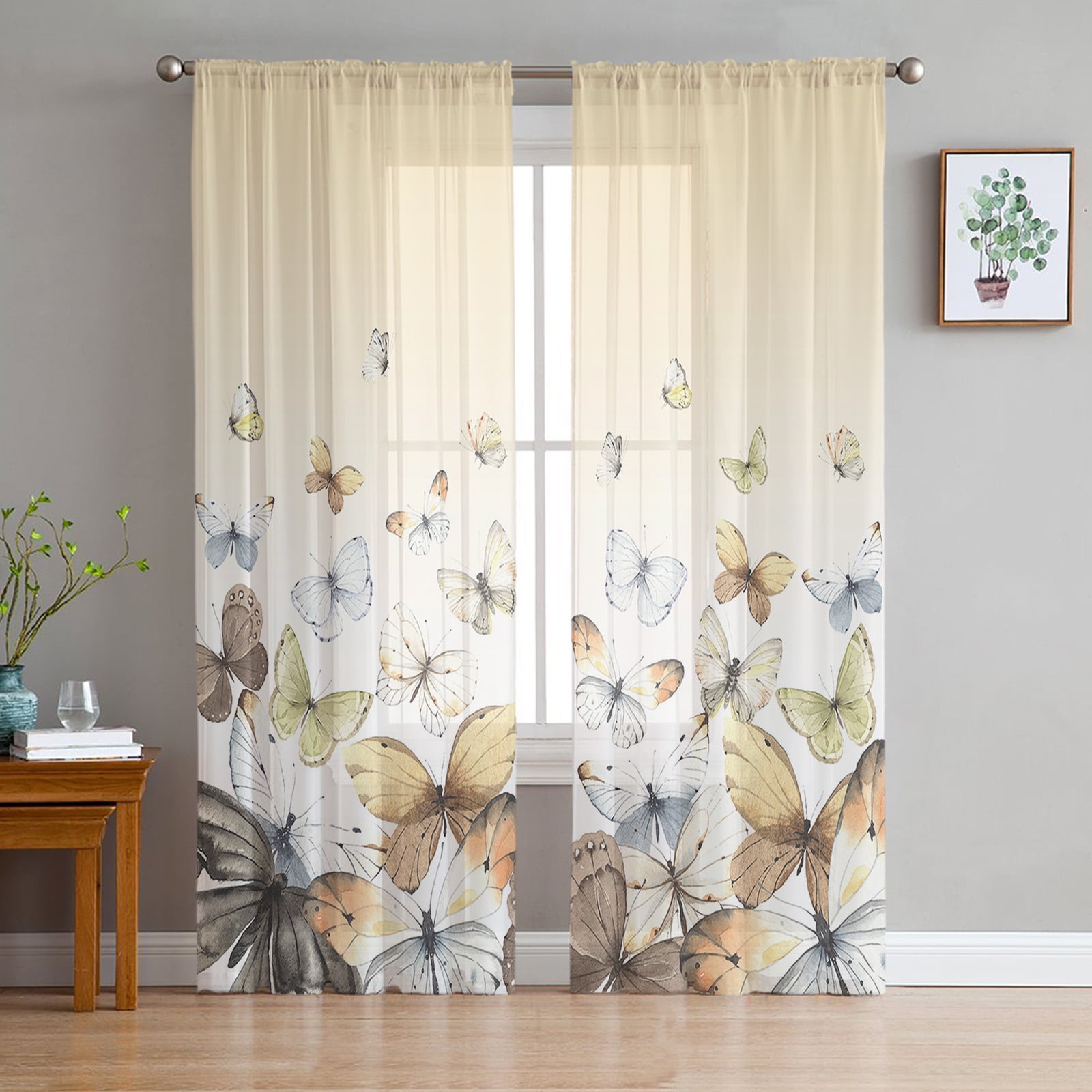 Cute Butterfly Flying Over Almond Blossom Chiffon Sheer Curtains for ...