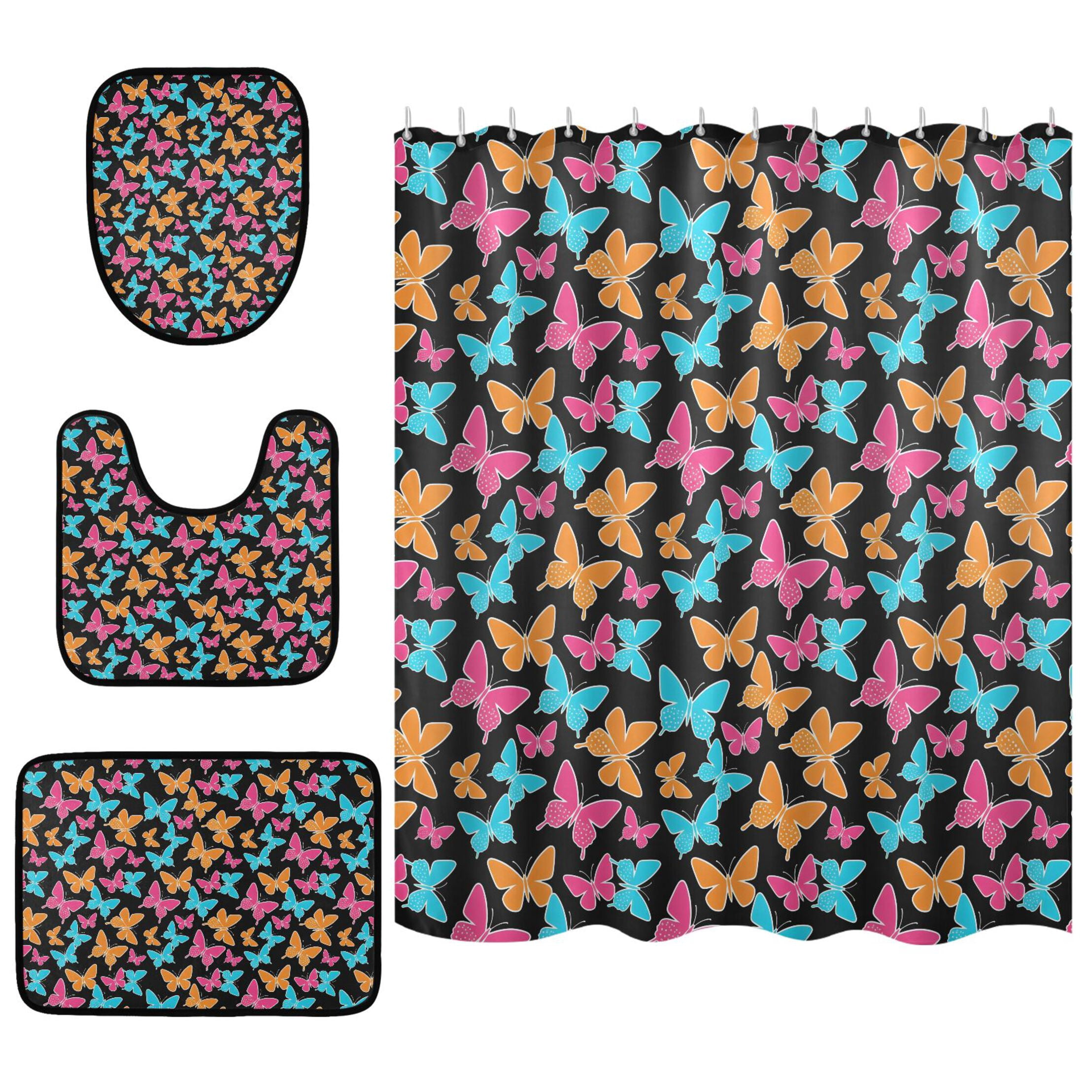 Cute Butterfly Shower Curtain Sets 4 Piece Waterproof Bathroom Set with ...