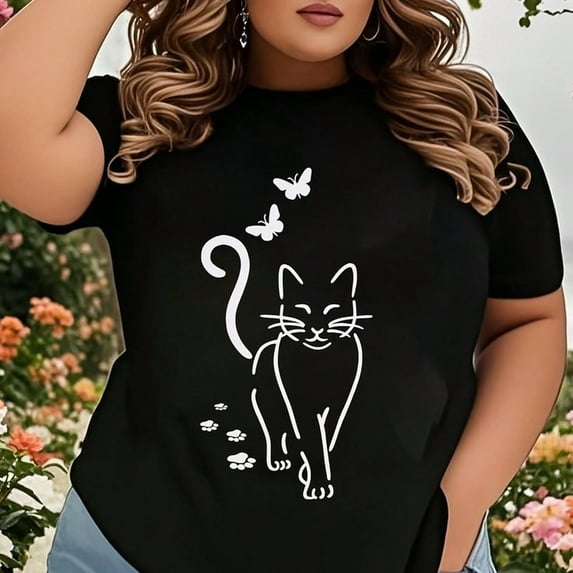 Cute C1At And Butterflies Print WoM1en's C1Asual T-S1Hirt, White S1Hort ...