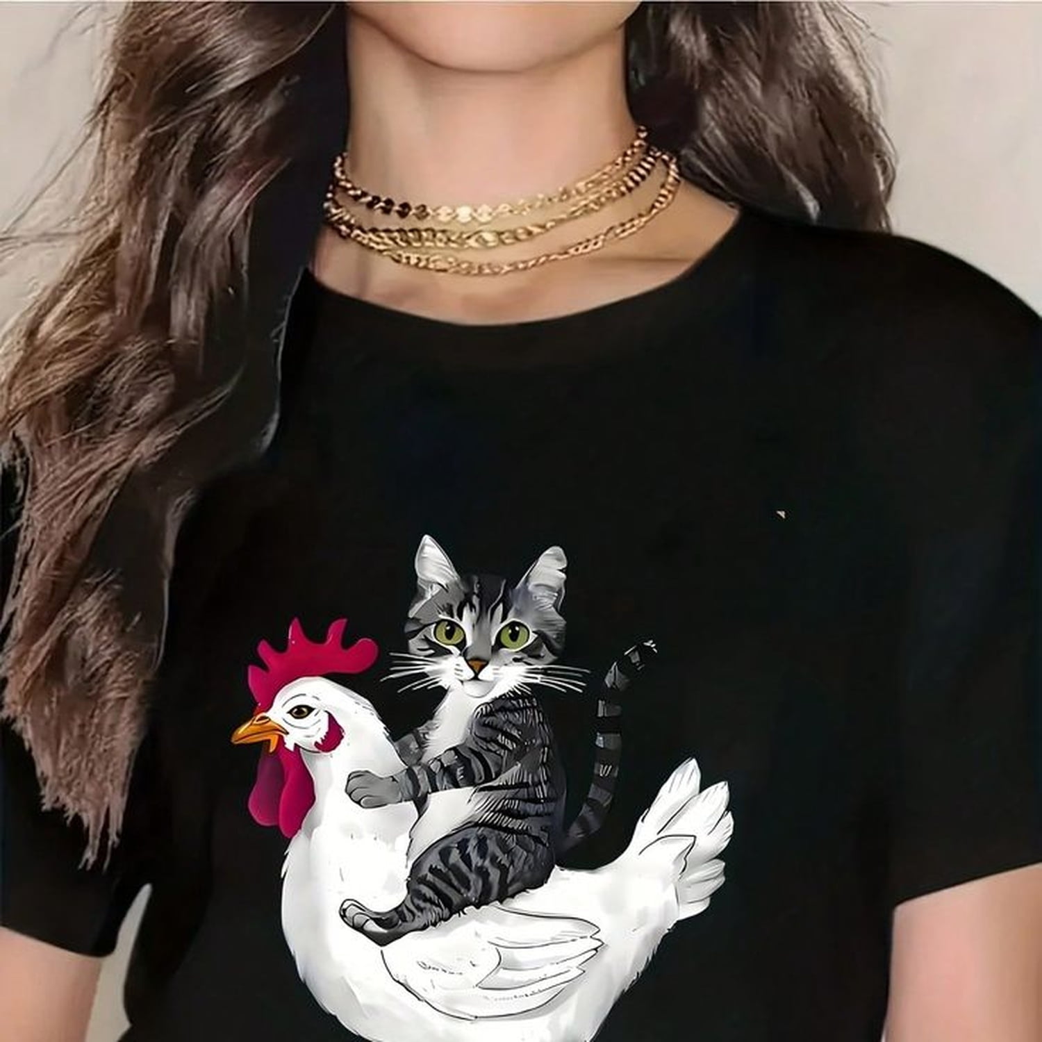 Cute C1At Riding Chicken Graphic T-S1Hirt For WoM1en - Funny Animal ...