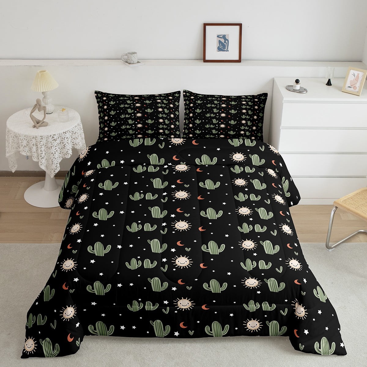 Cute Cactus Comforter Set Kawaii Sun Moon Full Bedding Set Starry Sky ...